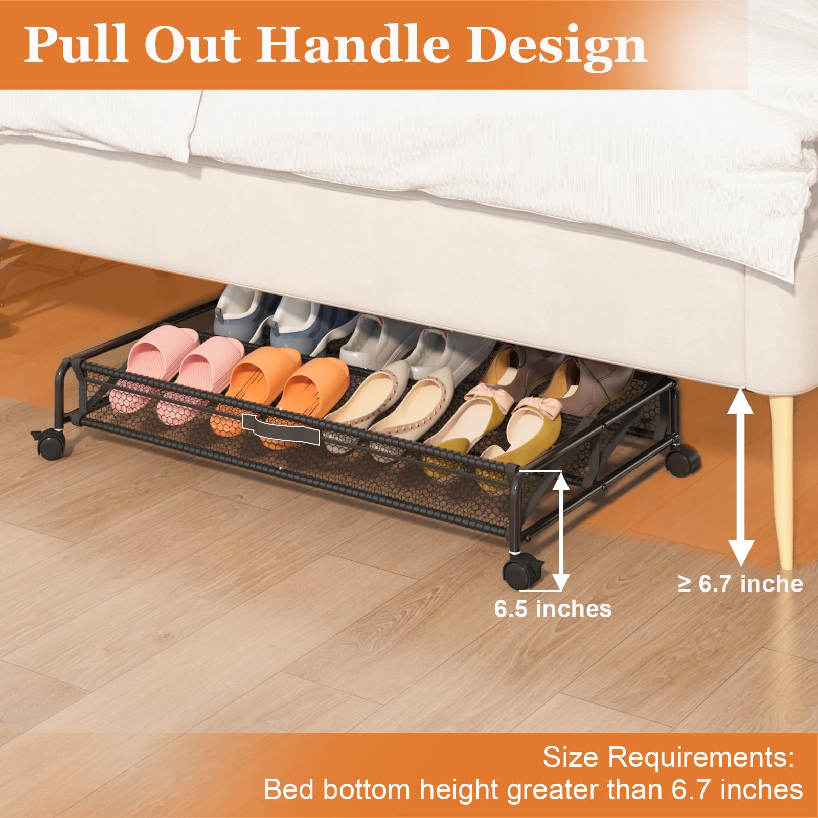 KOSIWU Under Bed Shoe Storage with Wheels, 2 Pack Rolling Under Bed Storage Containers for Shoes Metal Shoe Rack Organizer Bedroom Organization