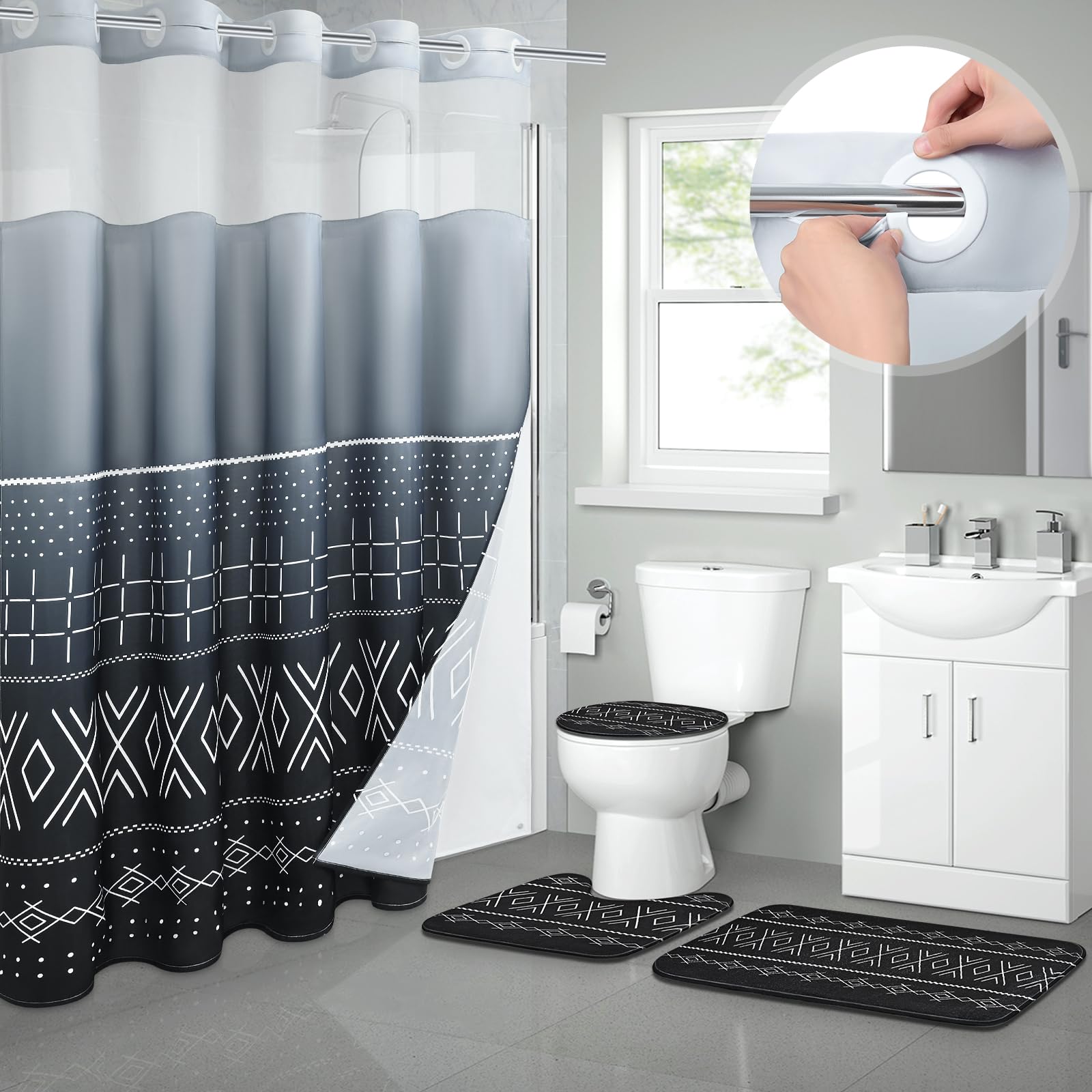 4 Pcs Teal Grey Boho Shower Curtain Set with Memory Foam Bathroom Rugs Sets 2 Piece, No Hook Shower Curtain with Snap in Liner, Hotel Modern Bathroom Curtain with Sheer Window, Ombre Bathroom Decor