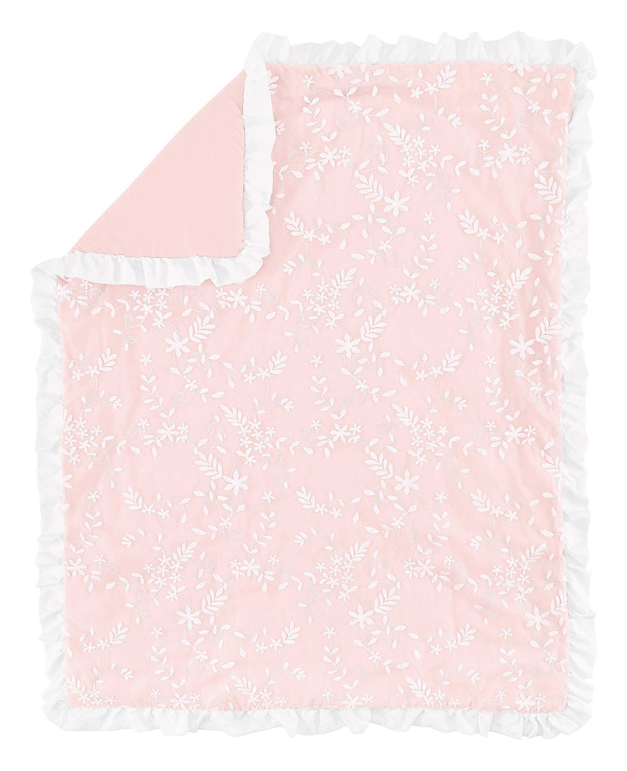 Sweet Jojo Designs Pink Floral Vintage Lace Baby Girl Nursery Crib Bedding Set - 4 pieces - Solid Light Blush Crinkle Crushed Velvet Luxurious Elegant Princess Boho Shabby Chic Luxury Flower Ruffle