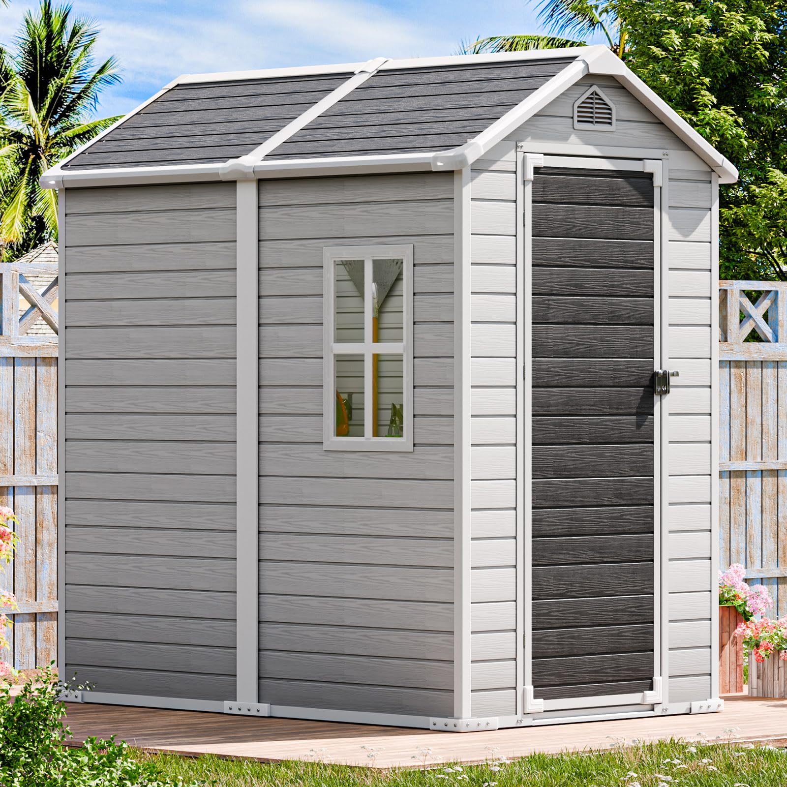 Outdoor Resin Storage Shed 6x4 FT, Large Waterproof Outside Sheds Storage with Floor Window Lockable Door Included, Plastic Sheds for Backyard Garden Patio Lawn Tools, Gray