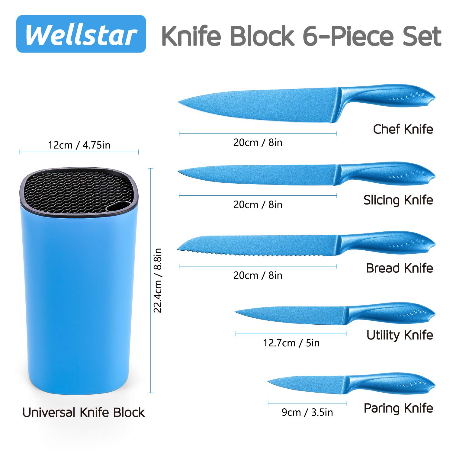 WELLSTER Blue Kitchen Knife Set with Block, 6 Pieces Knives Universal Holder Set, German Stainless Steel Blade Non-Stick Coated Chef Carving Bread Utility Paring Knives