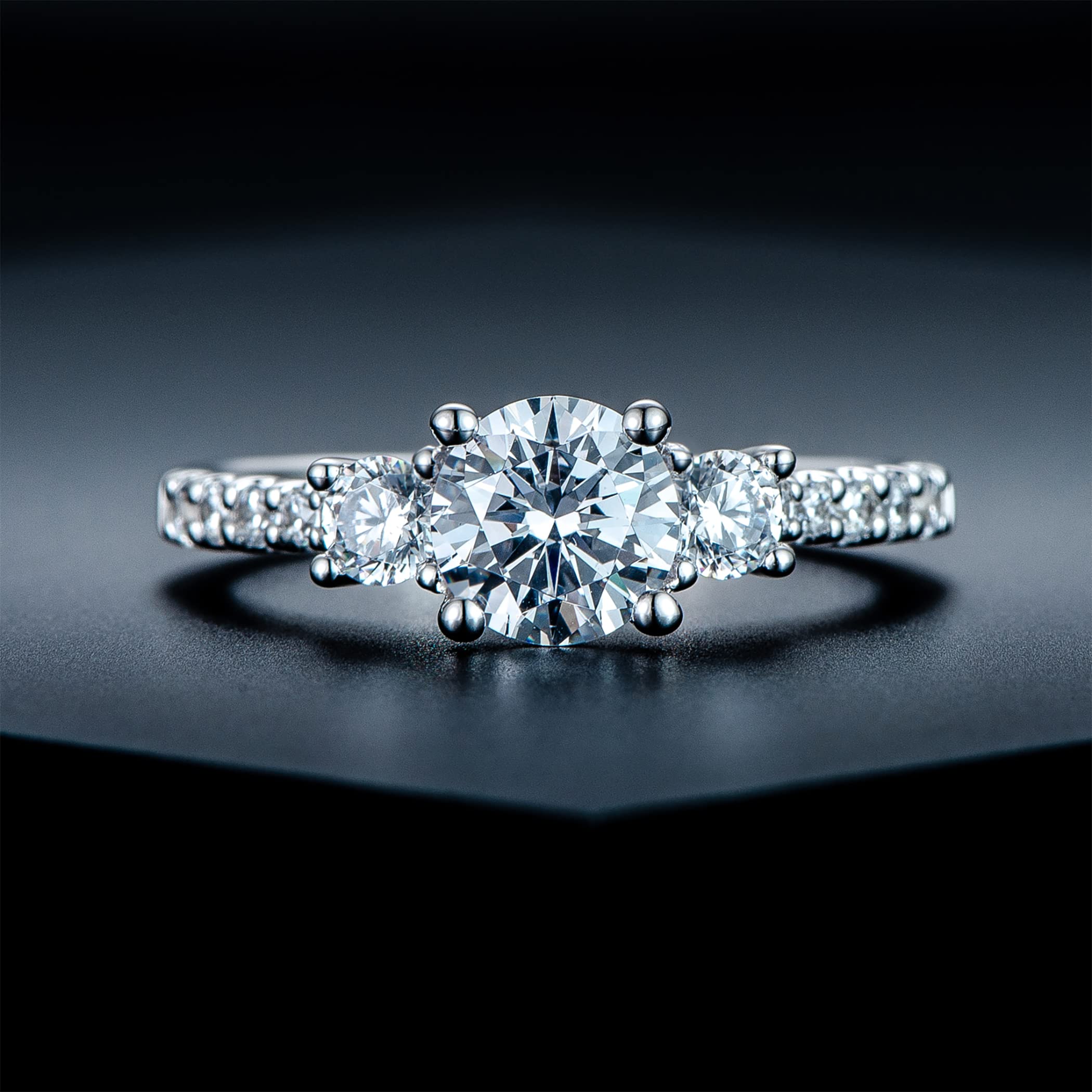 3 Stone 1ct Petite Micropavé Trio D Color VVS Moissanite Engagement Rings for Women Silver Moissanite Engagement Ring (8)