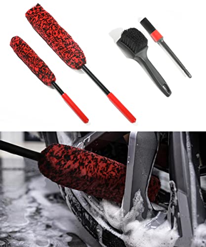 ESEWALAS 4 Pack Car Detailing Brushes,Car Wheel Brush Set, Car Cleaning Brush Kit Include 2X Soft Wheel Cleaning Brush,Detailing Brush and Stiff Tire Brush,Wheel Cleaner Brush