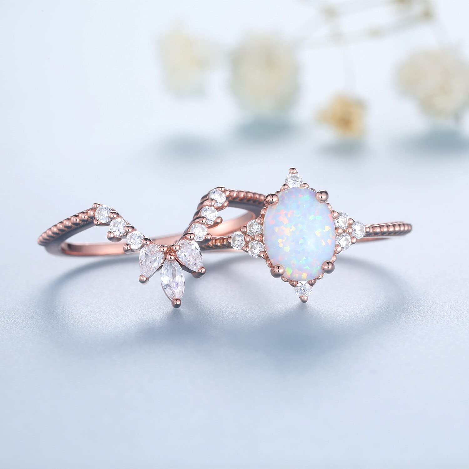 925 Sterling Silver Rose Gold White Fire Opal CZ Diamond Engagement Ring Stackable Wedding band Set Women Bridal set Statement Anniversary Ring Gift Promise Oval Cut White Gold Yellow Gold