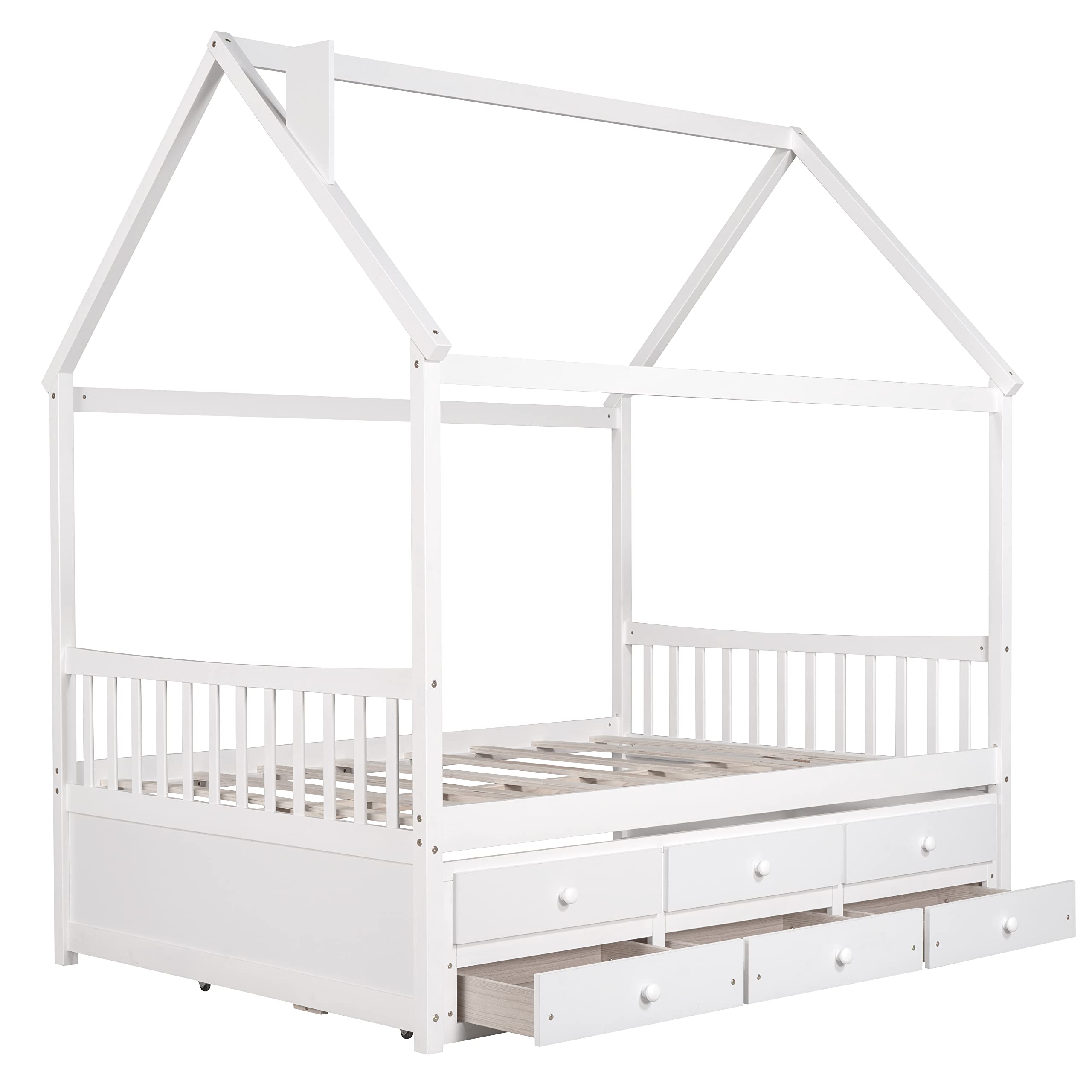 Harper & Bright Designs Full House Bed with Trundle and 3 Storage Drawers, Full Captain's Beds Wooden Storage Daybed Frame for Kids Teens Boys Girls (Full Size, White)