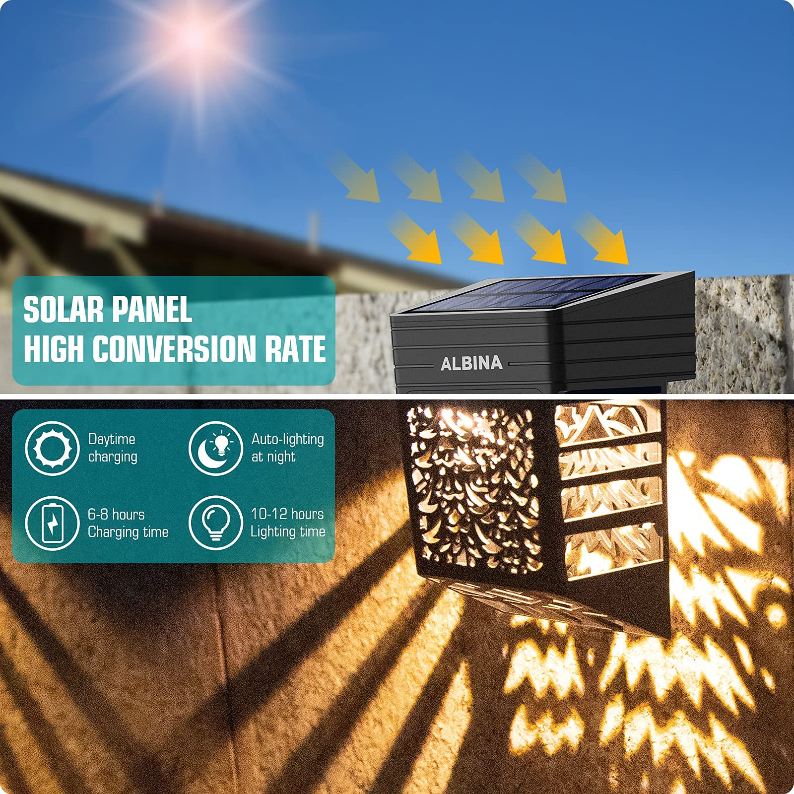 ALBINA Solar Deck Lights | Solar Fence Lights Outdoor Waterproof LED Garden Decorative Lights for Railing, Post, Step, Frontdoor | Auto ON/Off Outdoor Solar Lights with Christmas Tree Lamps, 4 Pack