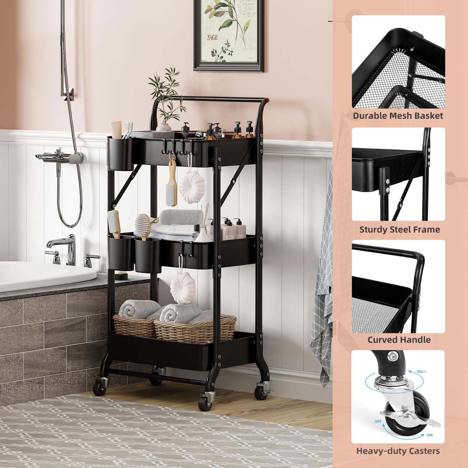 3 Tier Folding Rolling Storage Cart, Foldable Utility Cart with Wheels, Collapsible Rolling Cart Organizer with 3 Hanging Cups & 6 Hooks for Kitchen, Office, Nursery(Black)