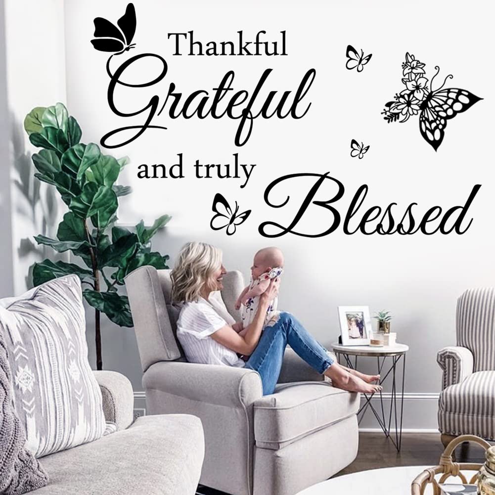 Wall Decal Quote Faith Vinyl Lettering Thankful Grateful and Truly Blessed Inspirational Quote Wall Decor Wall Stickers for Home Decor Living Room Kitchen Office Wall Decoration.
