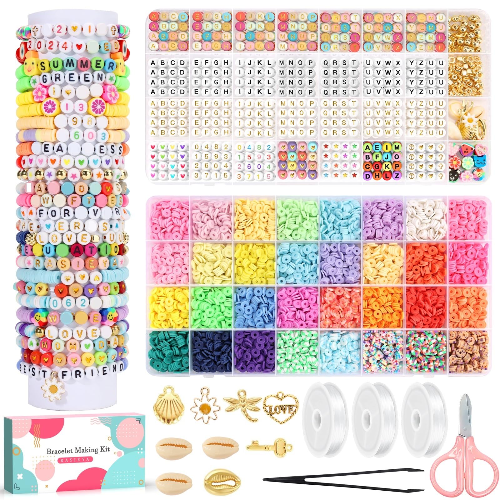 7340 Friendship Bracelet Kit,32 Colors Clay Beads Bracelet Making Kit,1260 pcs 10 styles of Letter, Number & Pattern Beads,Polymer Heishi Beads with Charm for Jewelry Making,Christmas Crafts Gifts