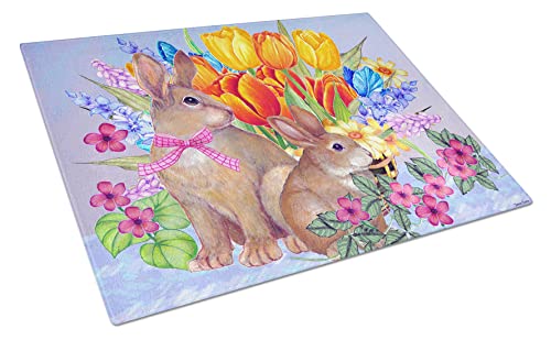 Caroline's Treasures PJC1067LCB New Beginnings II Easter Rabbit Glass Cutting Board Large Decorative Tempered Glass Kitchen Cutting and Serving Board Large Size Chopping Board