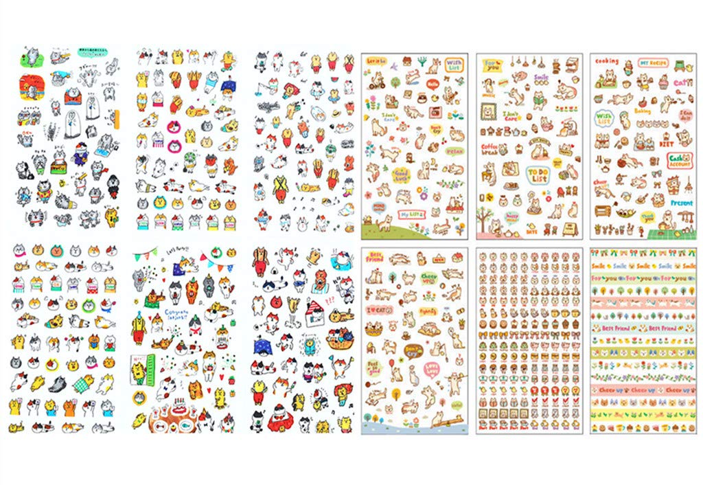 ALIMITOPIA Scrapbook Sticker,12 Sheets Kawaii Cartoon Cat Charactor DIY Transparent Decorative Paster Ornament Mark