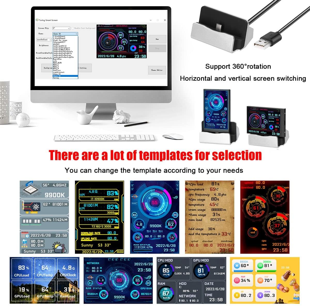 3.5 Inch IPS USB Mini Screen AIDA64 CPU RAM HDD Data Monitor Computer Temperature Display Type-C Sub Screen