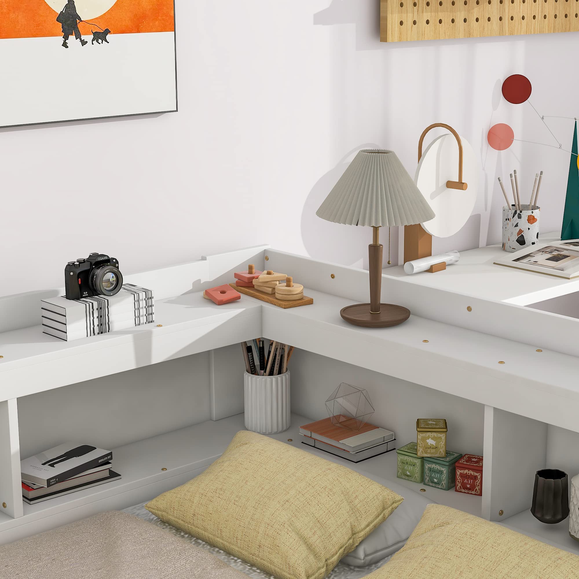 Aiuyesuo Full Size Platform Bed with L-Shaped Storage Shelfs and Bookcases, Pine Wood Day Bed with 2 Storage Drawers for Office/Living Room/Bedroom, Maximize Space (White)
