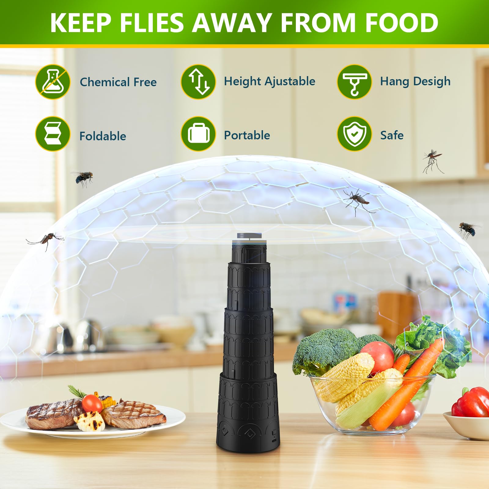 Adawook Fly Fans for Tables, Height Ajustable Food Fans, Chemical-Free Bug Fans with Soft Blades, Keep Flies Bugs Away, Foldable Table Fly Fan, 3 Pack, Black