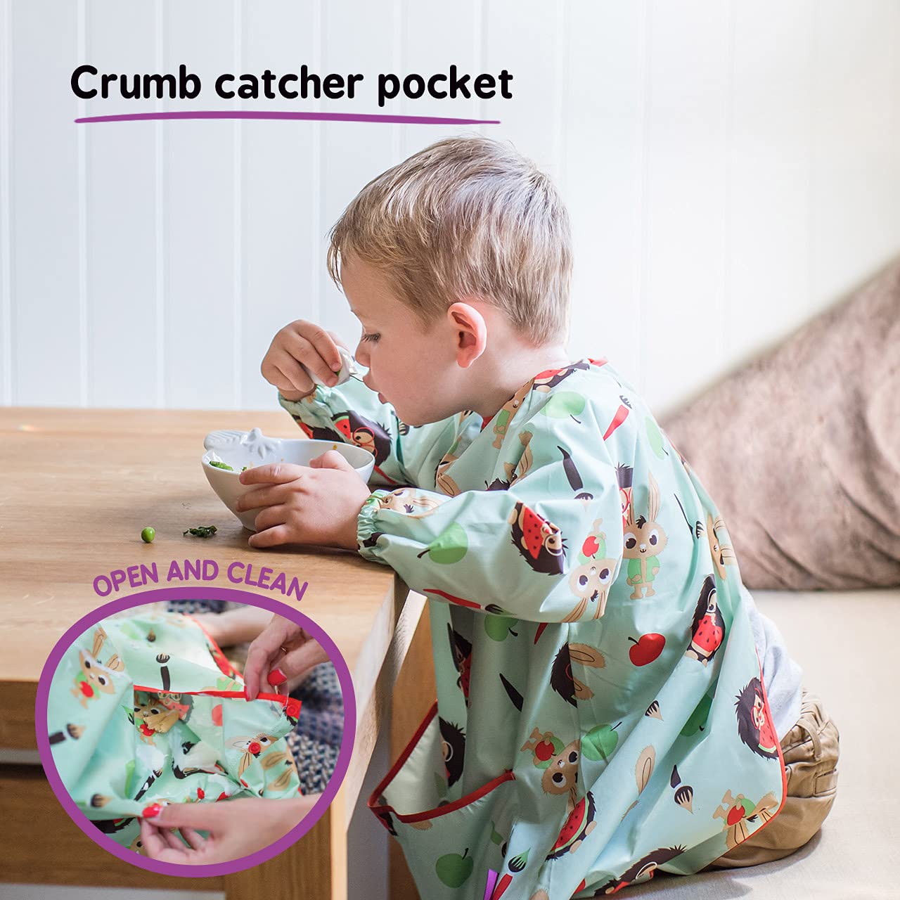 Tidy Tot - Long Baby Bib - Mess Proof Long Sleeve Feeding Smock with Large Food Catcher Pocket - Waterproof Bib – Machine Washable. Fits 6-24 months - Purple