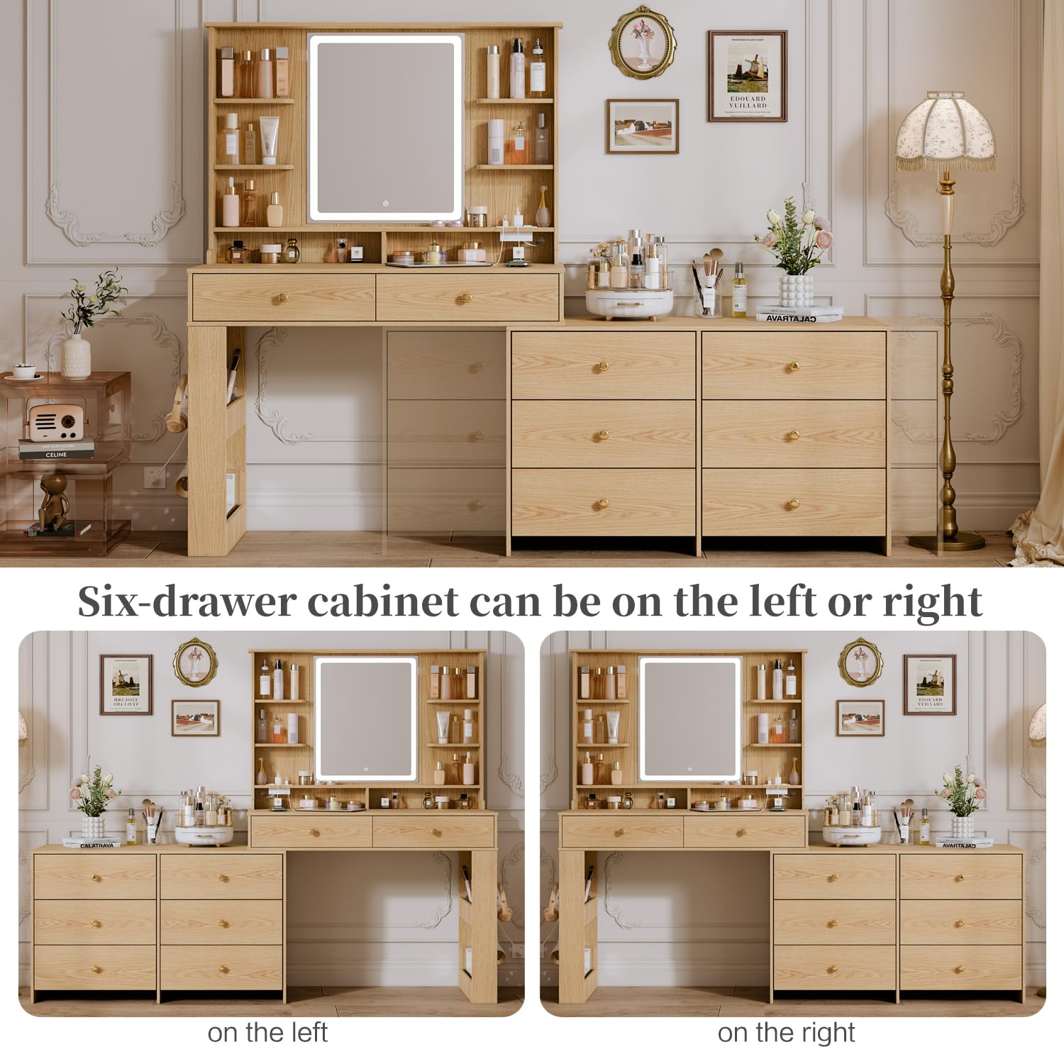 74.8''Makeup Vanity Desk with large mirror and lights&Charging Station,Modern Corner Vanity Table with 8 Storage Drawers and Shelves,Makeup Table for Bedroom,Dressing Table with nightstand,Beige