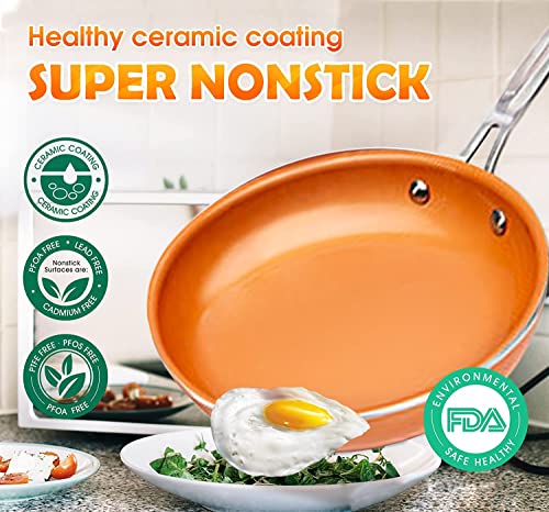 Artbros Frying Pan Set, Nonstick Skillet Pan Induction Aluminum Copper Pan with Ceramic Coating and Stainless Steel Handle - 8", 10" and 12"