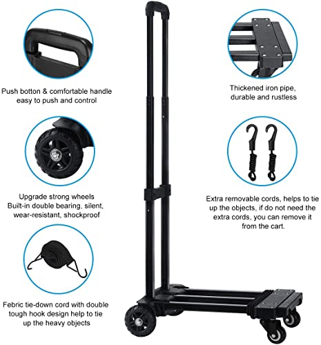 Orange Tech Folding Hand Truck, 220 lbs Heavy Duty Luggage Cart, 4 Wheels Solid Construction, Portable Fold Up Dolly, Compact and Lightweight for Luggage, Personal, Travel, Moving and Office Use