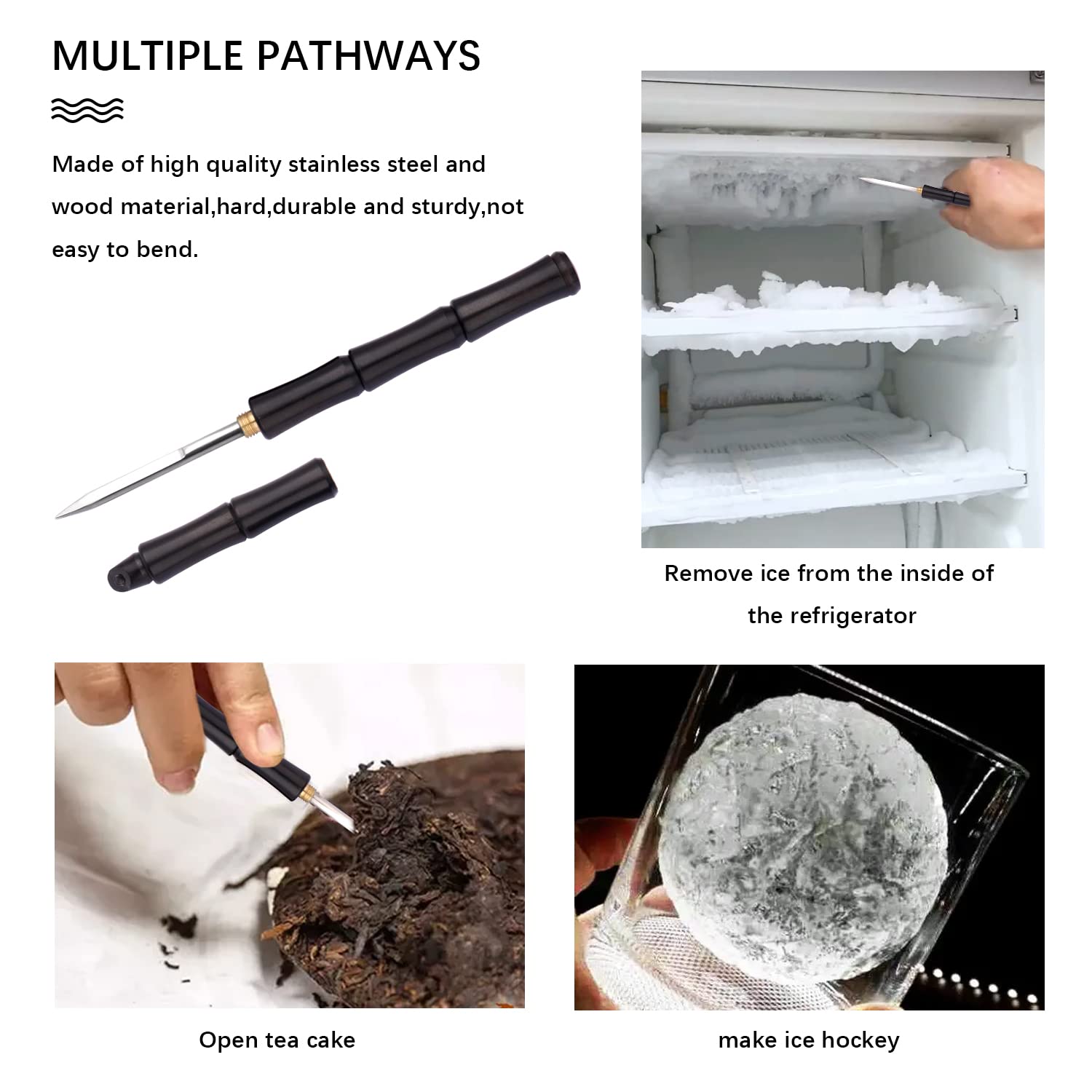 304 Stainless Steel Ice Pick Puer Puerh Tea Knife Tea Cake Pick Tool with Safety Cover Solid Bamboo Handle for Breaking Ice Kitchen Tool, Bartender, Picnics, Camping (Black)