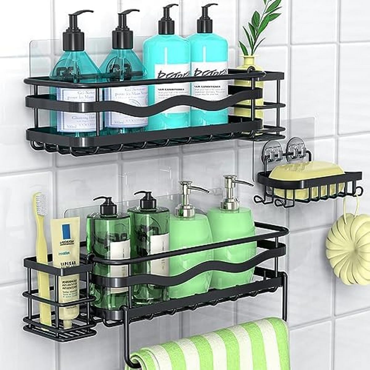Allviper Bathroom Storage Rack for 6 Sets Kitchen Organizer No-Punch Wall Mounted Toiletries Shelf Practical Shower Caddy Black