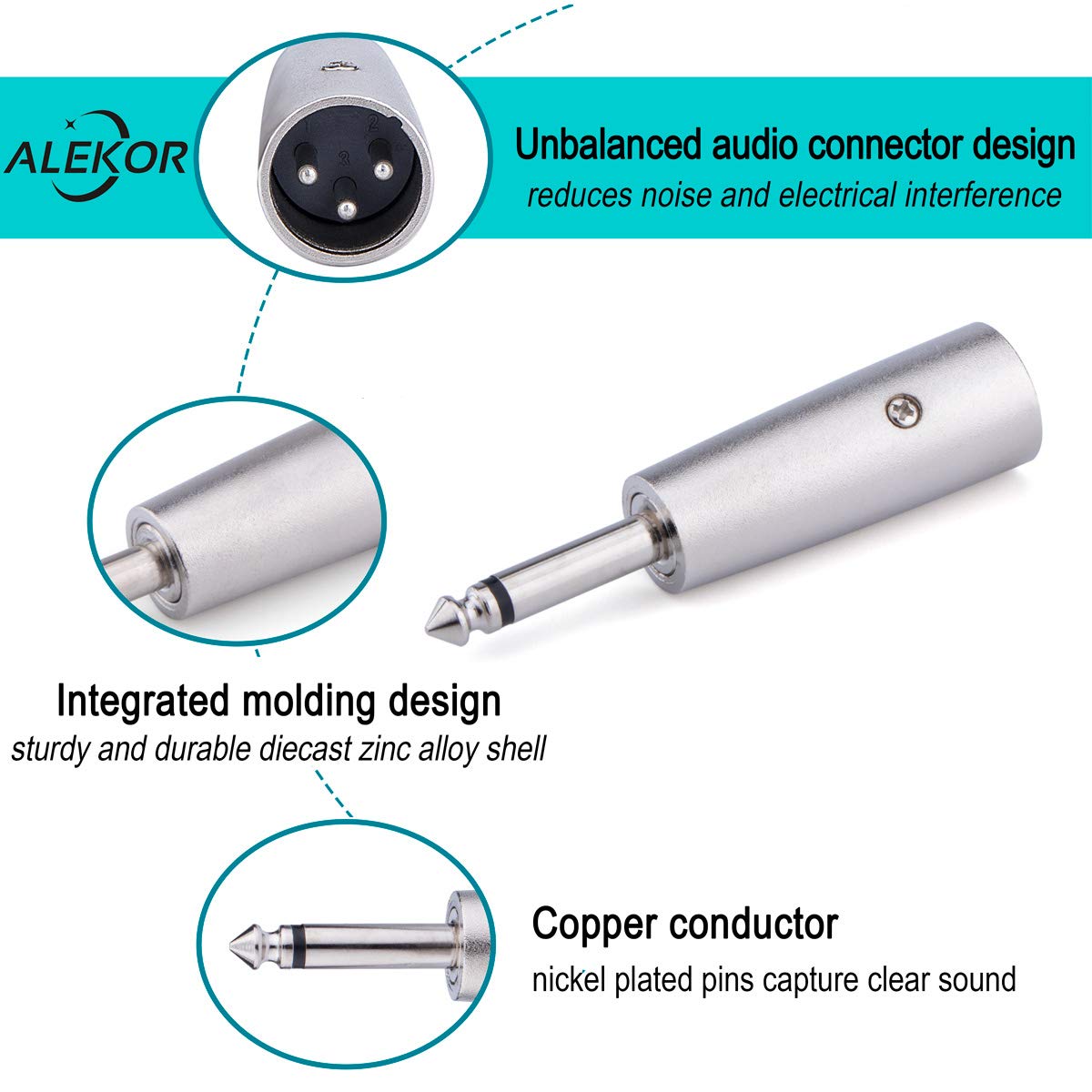 ALEKOR XLR Male to 1/4 Inch Male TS Adapter - 6.35mm Mono to XLR Male Gender Changer Connector - 2 Pack
