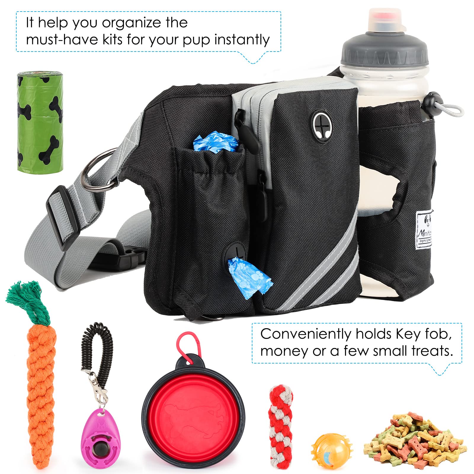 SHINE HAI Retractable Hands Free Dog Leash with Dual Bungees for 2 Dogs, Adjustable Waist Belt Fanny Pack, Reflective Stitching Leash for Running Walking Hiking Jogging Biking Black