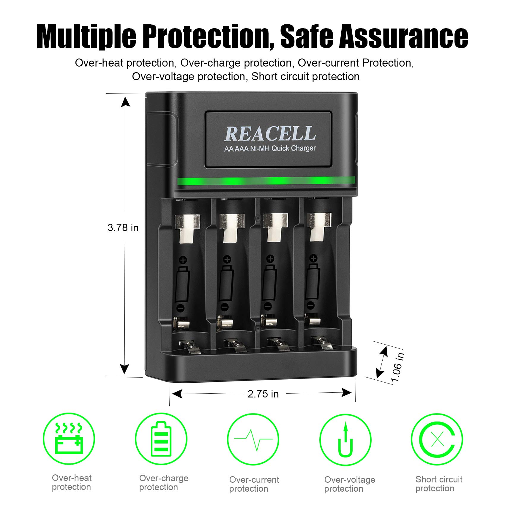 REACELL AA AAA Battery Charger for NiMH Rechargeable Batteries, Type-C Input, 4 Individual Slot, AA & AAA Nickel-Metal Hydride Battery Charger