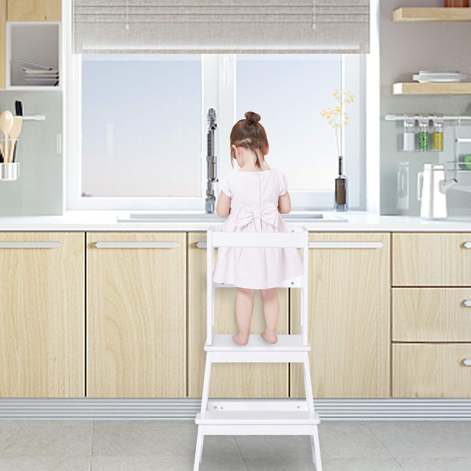Kinbor Baby Kids Kitchen Step Stool with Safety Rail-Solid Wood Construction Toddler Stool Toddler Stepping Stool for Counter and Bathroom Sink White
