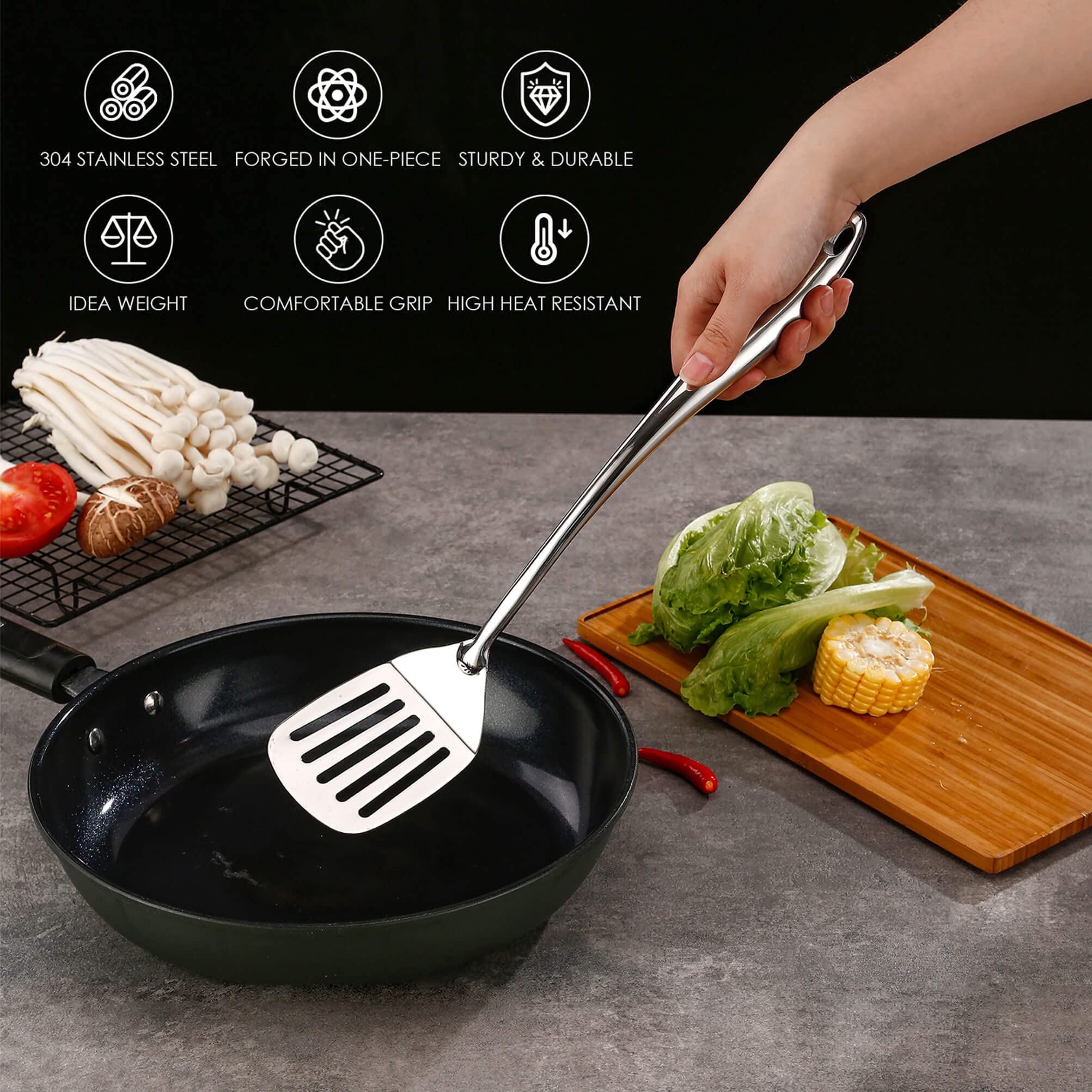 304 Stainless Steel Kitchen Utensil Set - 9 PCS Serving Utensils, Cooking Utensil, Solid Spoon, Slotted Spoon, Fork, Spatula, Ladle, Skimmer Spoon, Slotted Spatula Tunner, Spaghetti Spoon, Large Spoon