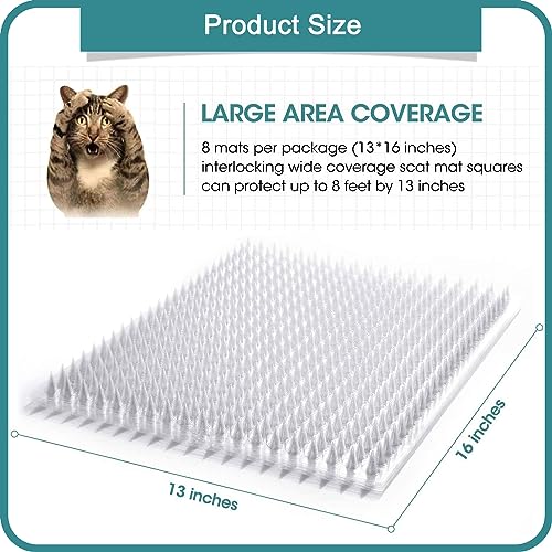 Aocoray 8 Pack Cat Deterrent Outdoor/Indoor Scat Mat, Pet Deterrent Training Mats, Keep Cats/Dogs Away Plastic Mats with Spikes, 12 Sq.ft, 16 x 13 Inches