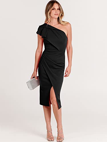 ANRABESS Women's One Shoulder Cocktail Evening Night Party Midi Dress Sleeveless Ruffle Wrap Ruched Bodycon Formal Wedding Guest Dresses for Graduation Prom 847heise-M Black