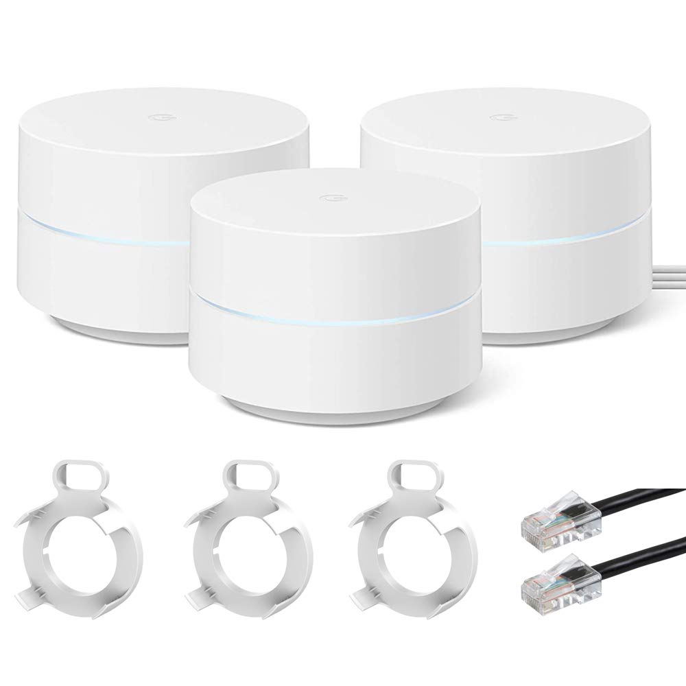 Google GA02434-US WiFi Mesh Network System Router AC1200 Point 3-Pack Bundle with 3X Deco Gear Google WiFi Outlet Wall Mount White and Professional Cable ZERObootCat6 Ethernet Patch Cable