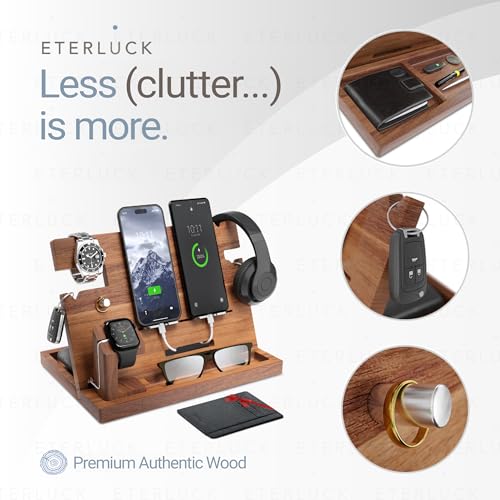 ETERLUCK Wooden Docking Station Men, Nightstand Organizer Bundle w/RFID Blocking Leather Wallet - Charging Station, Cell Phone Stand, Tablet Stand, Husband Gifts from Wife, for Dad - Walnut