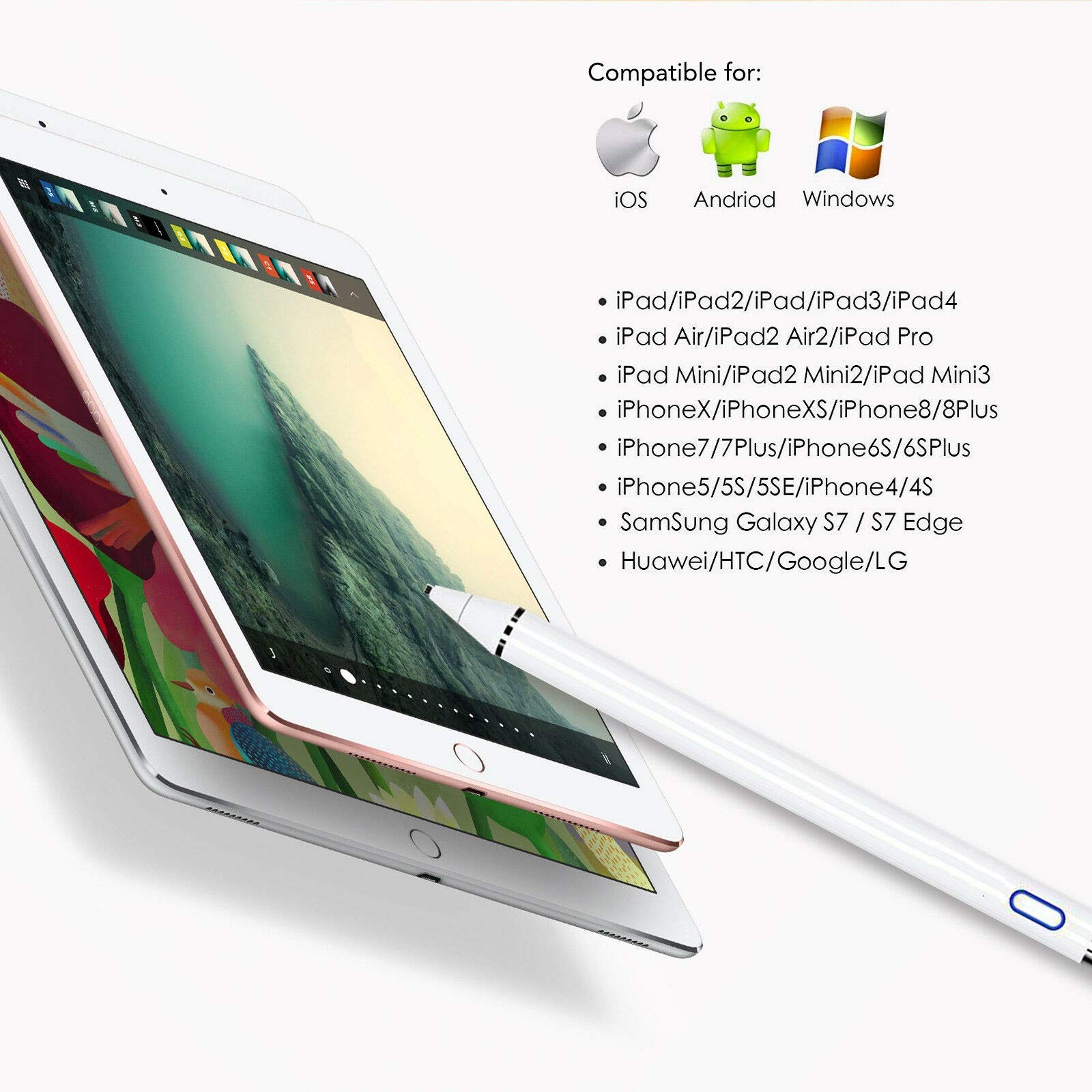 Stylus Pencil Compatible for Apple,Active Stylus Pens for Touch Screens,Smart Rechargeable Capacitive 1.5mm Fine Point iPad Pen and Most Tablets on Touchscreen Devices Stylus with Pen (White)