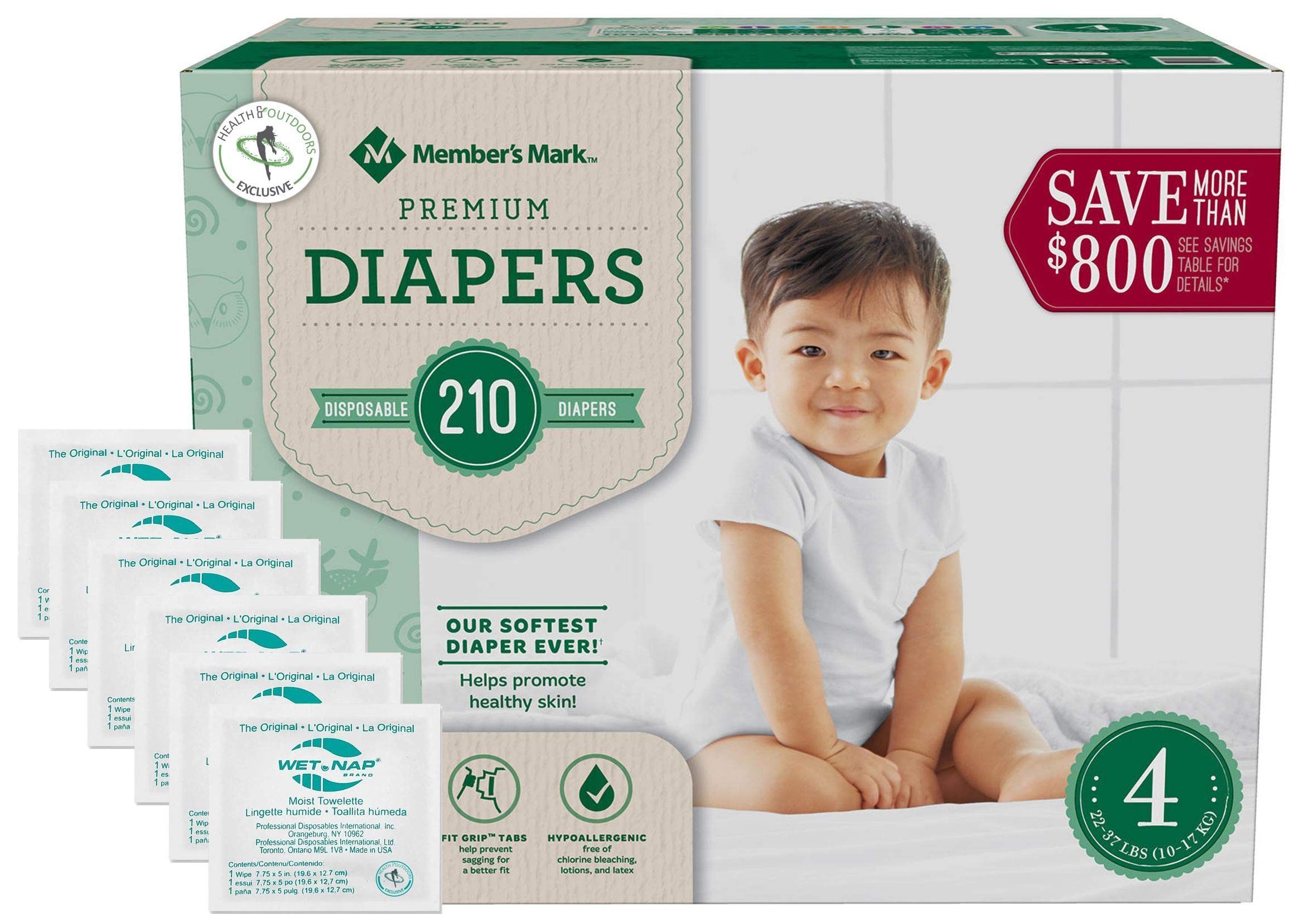 HAO M Mark Premium Baby Diapers - Size 4 (22-37 lbs) 210 Count W/Moist Towelettes
