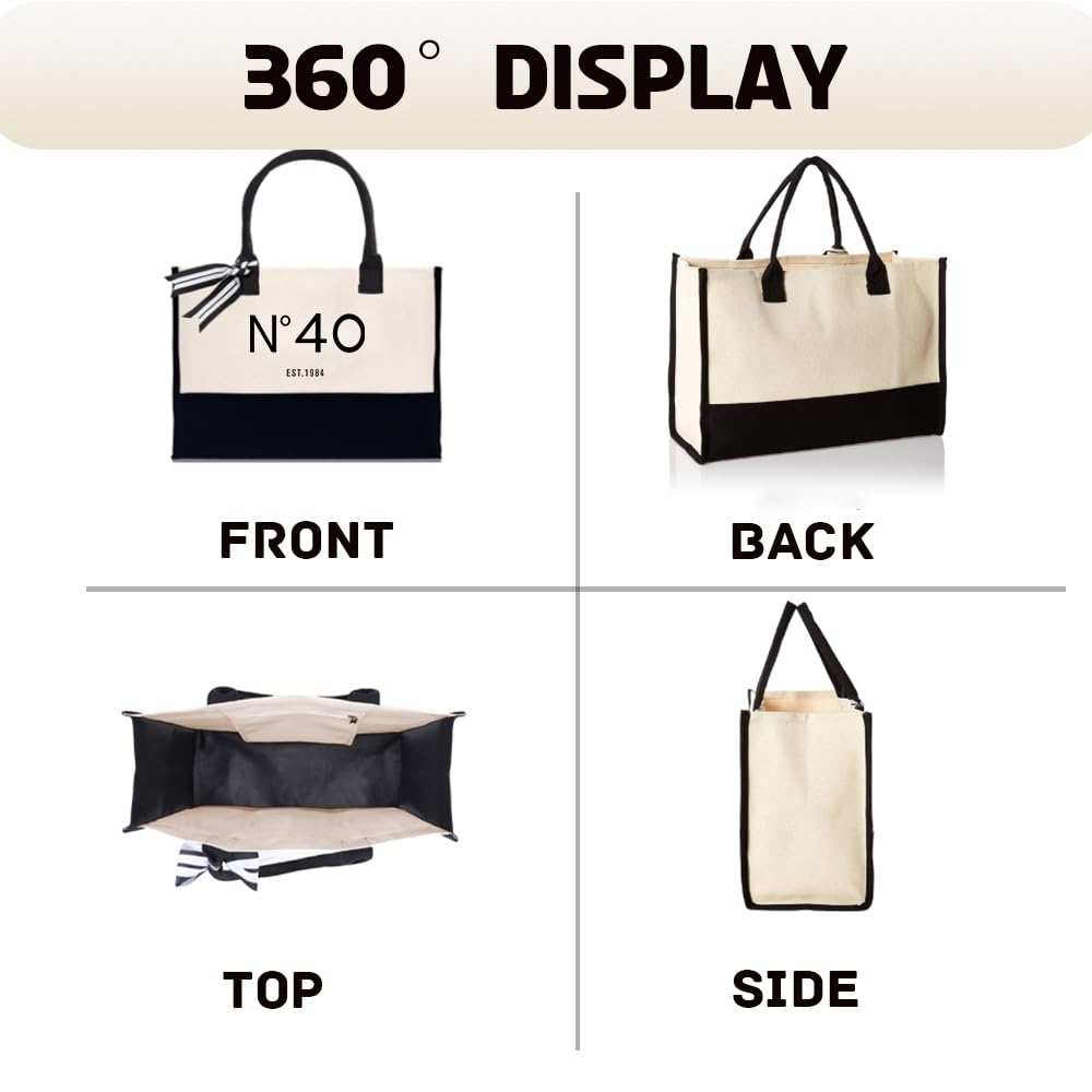 QLSKO 40th Birthday Gift Canvas Tote Bag for Women,N°40 EST.1984 Keepsake Beach Bag 40 Party Birthday Present supplies for Her (40th Basic)