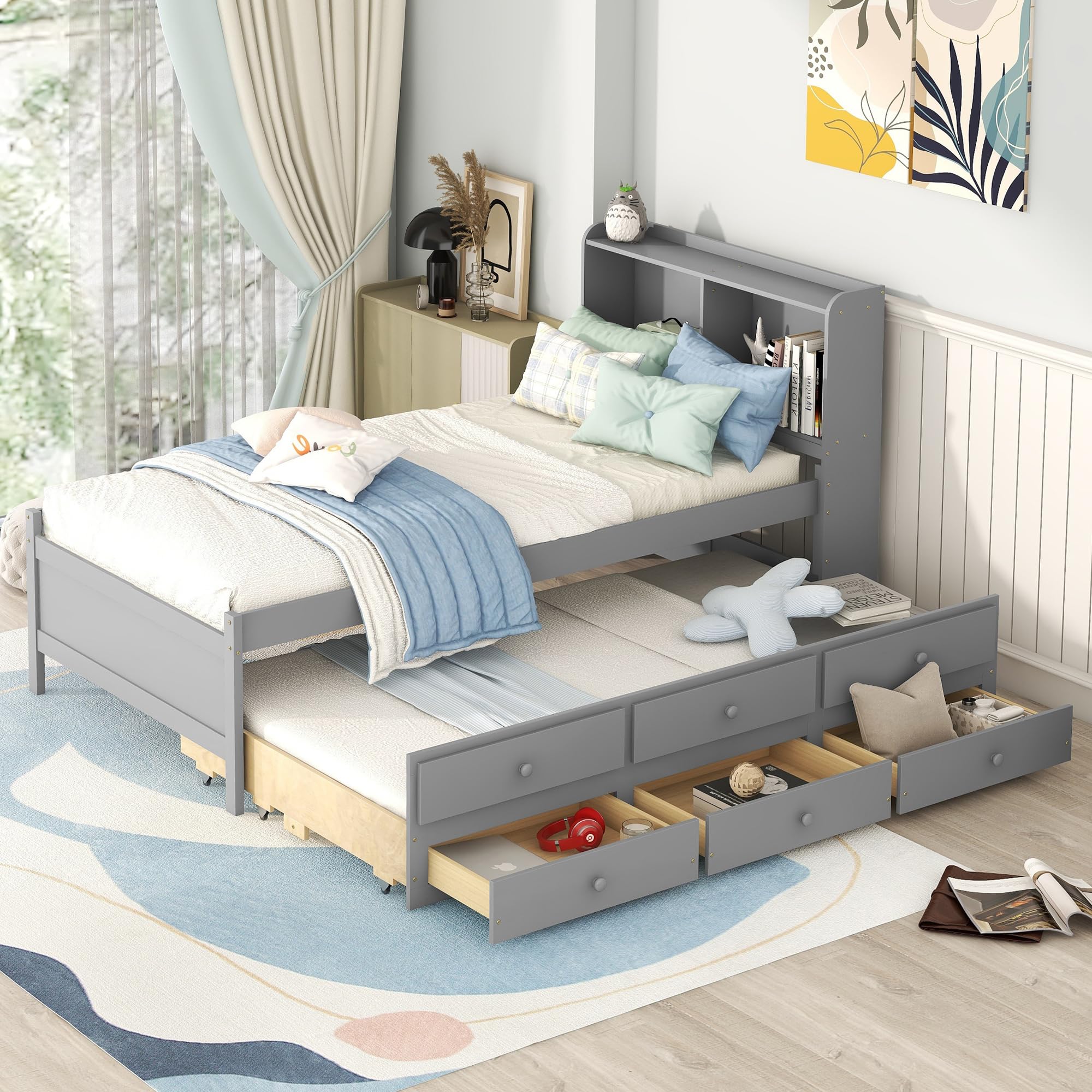 Harper & Bright Designs Twin Bed Frame with Bookcase Headboard, Wooden Twin Size Platform Bed with Trundle and 3 Storage Drawers,Twin Storage Bed for Kids Girls Boys,No Box Spring Needed,Grey