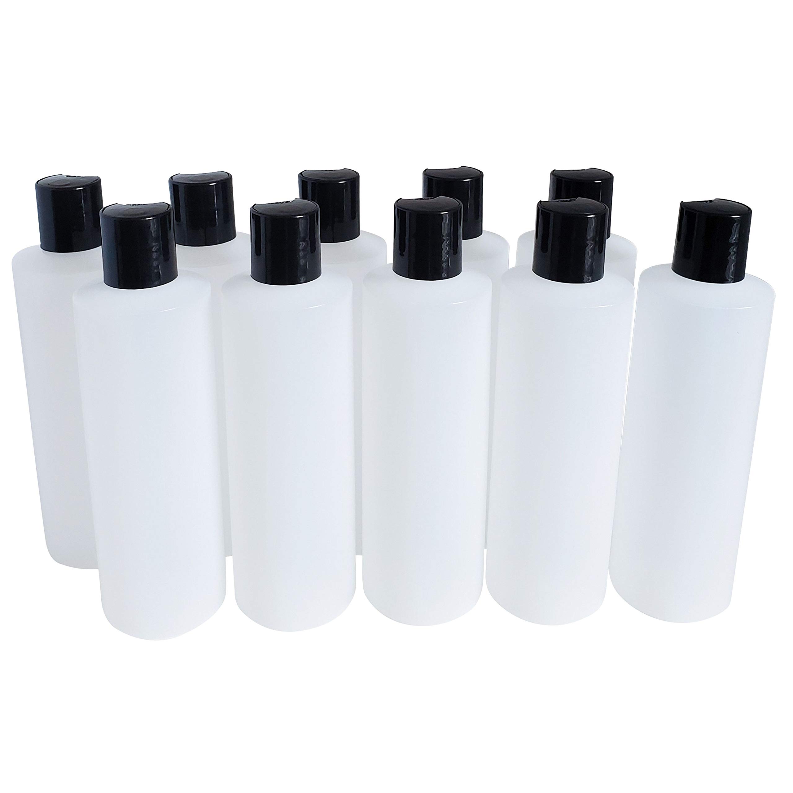 Kelkaa 8oz HDPE Durable Squeezable Plastic Bottles with Black Press Disc Top Cap Natural Clear Container for Any Liquid Products, Multi-Purpose Empty Refillable Bottles (Pack of 10)