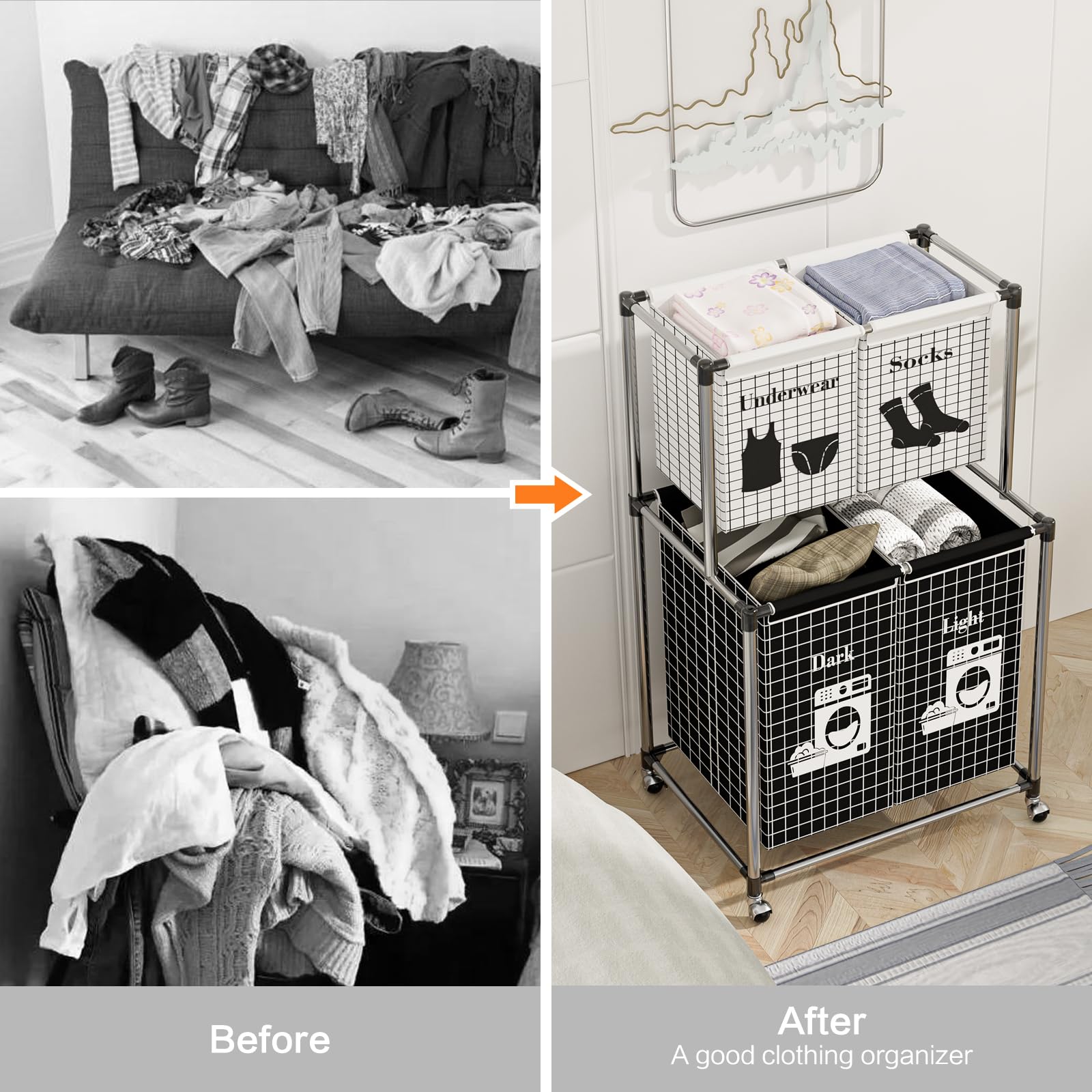 TENNTOU Heavy Duty Laundry Sorter, 4 Sections Laundry Hamper with Lockable Wheels, Rolling Laundry Basket Organizer with Large Capacity and 4 Removable Bags, in Laundry Room, Bathroom, Closet