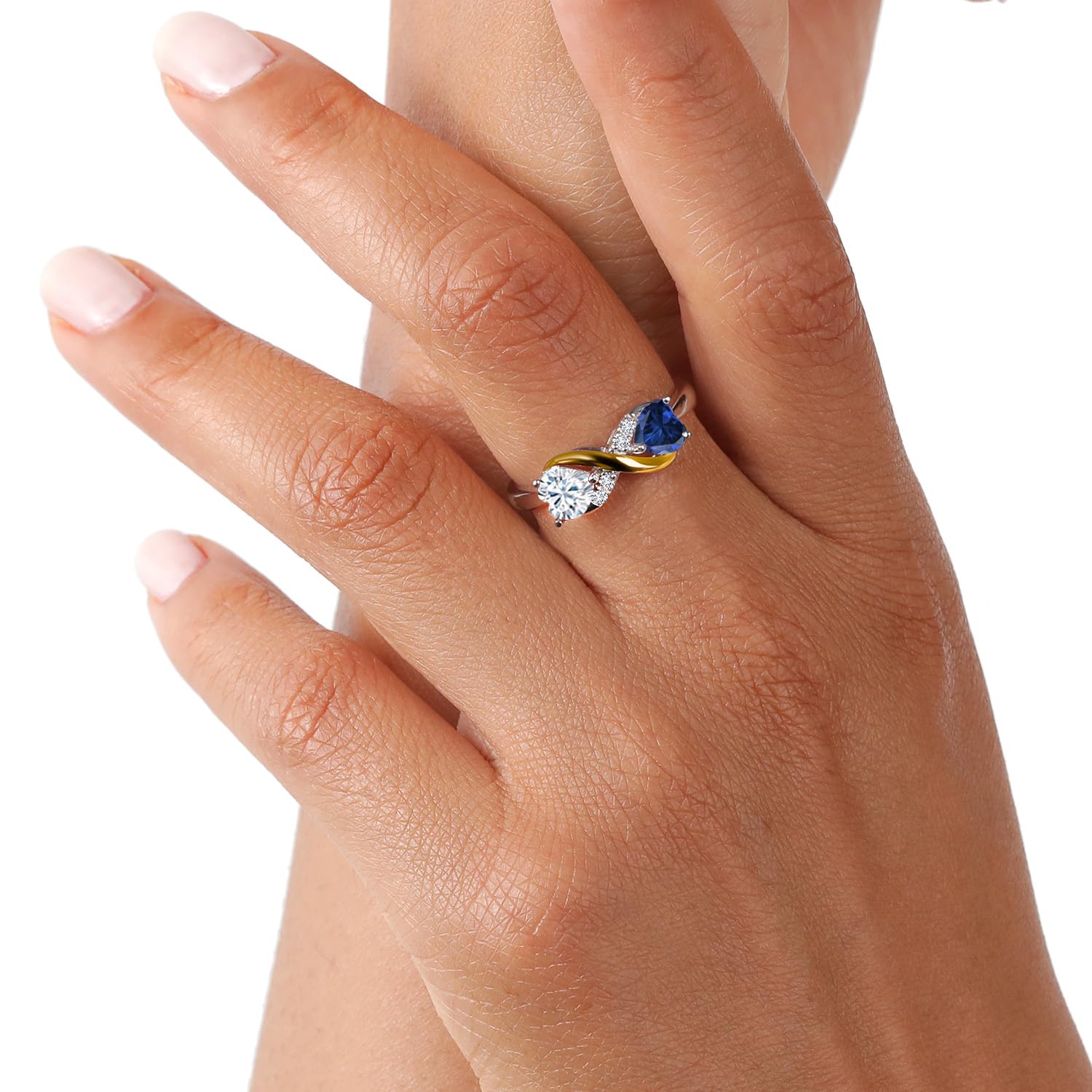 925 Sterling Silver and 10K Yellow Gold Heart Shape Blue Created Sapphire and Forever Classic Moissanite from Charles & Colvard Ring For Women (1.04 Cttw, Available in size 5, 6, 7, 8, 9)