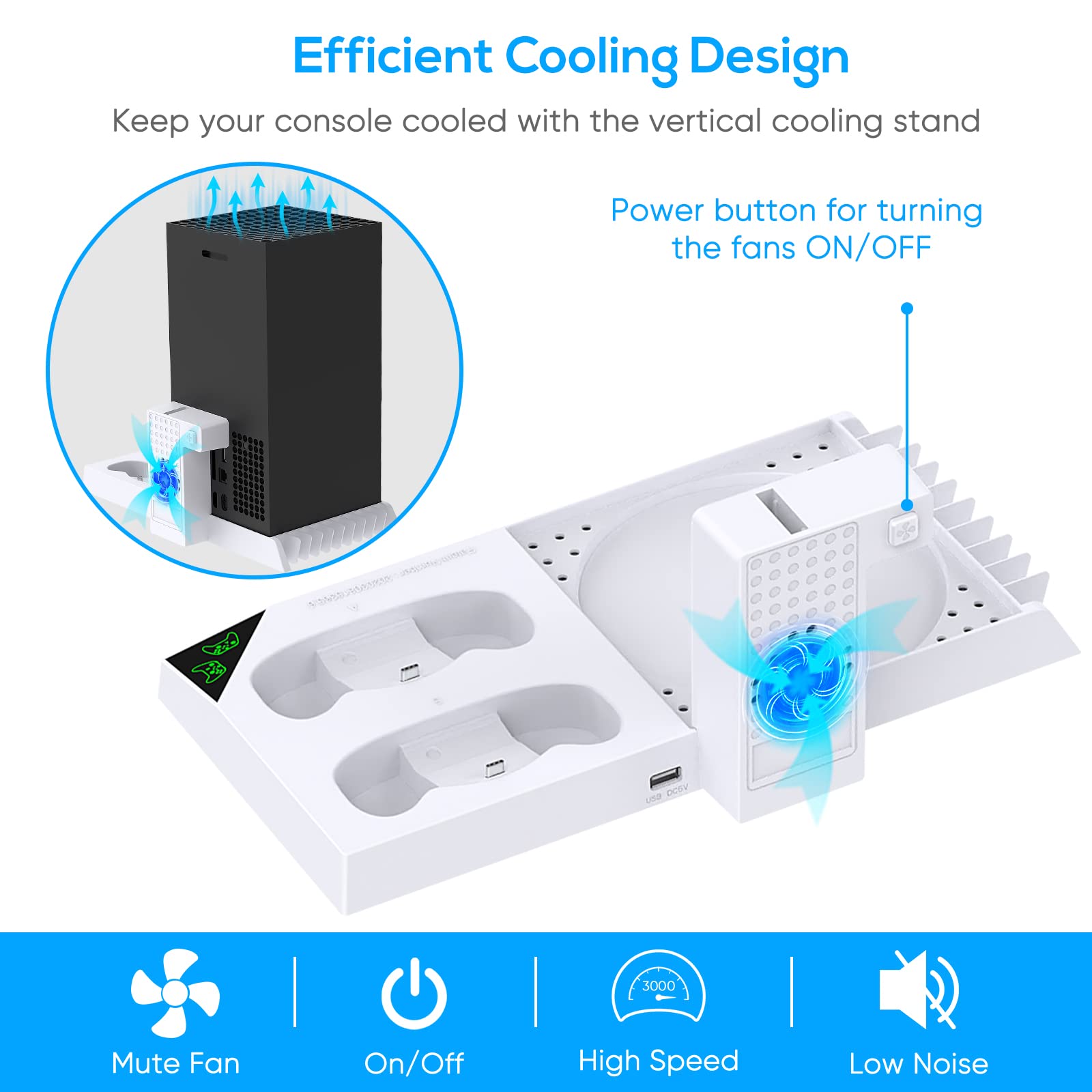 Vertical Cooling Stand for Xbox Series X, Dual Controller Charging Dock Station for Xbox Series X Cooling Fan with 2 Pack 1400mAh Rechargeable Batteries, 10 Games Storage and Headset Stand, White