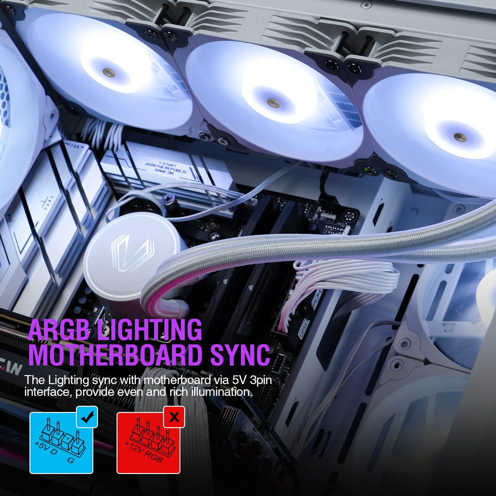 Vetroo V360 Liquid CPU Cooler, 3X 120mm Addressable RGB Pump & PWM Fans, 360mm Radiator 290W TDP AIO Water Cooling w/Controller Hub for Intel LGA 1851/1700/1200 AMD AM5/AM4, for Gaming Console - White
