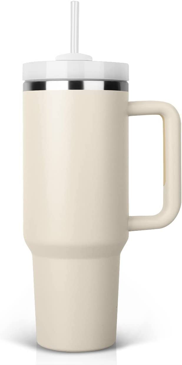 40 Oz Insulated Stainless Steel Tumbler with Handle and Straw Lid - Reusable Water Bottle for Hot and Cold Beverages (Beige)