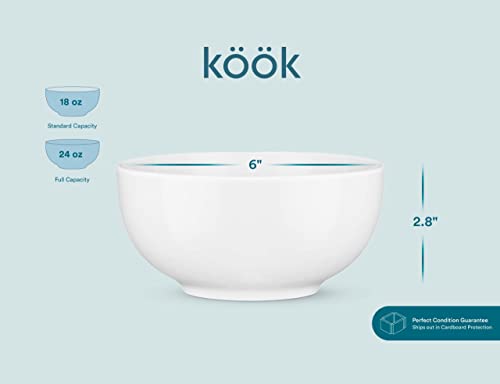 KooK Ceramic Cereal Bowls, Microwave, Dishwasher and Freezer Safe, Porcelain Dishes for Soup, Pasta, Salad, Oatmeal, Deep Interior, 24 oz (White 6 Inch)