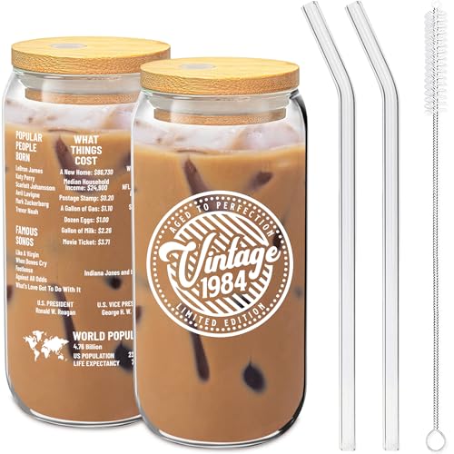 41st Birthday Gifts For Women - Vintage 1983 Soda Can Glass 20oz w/ Bamboo Lid & Glass Straw Set - Aesthetic 41 Year Old Birthday Gift for Mom, Wife - 41st Birthday Decorations for Women