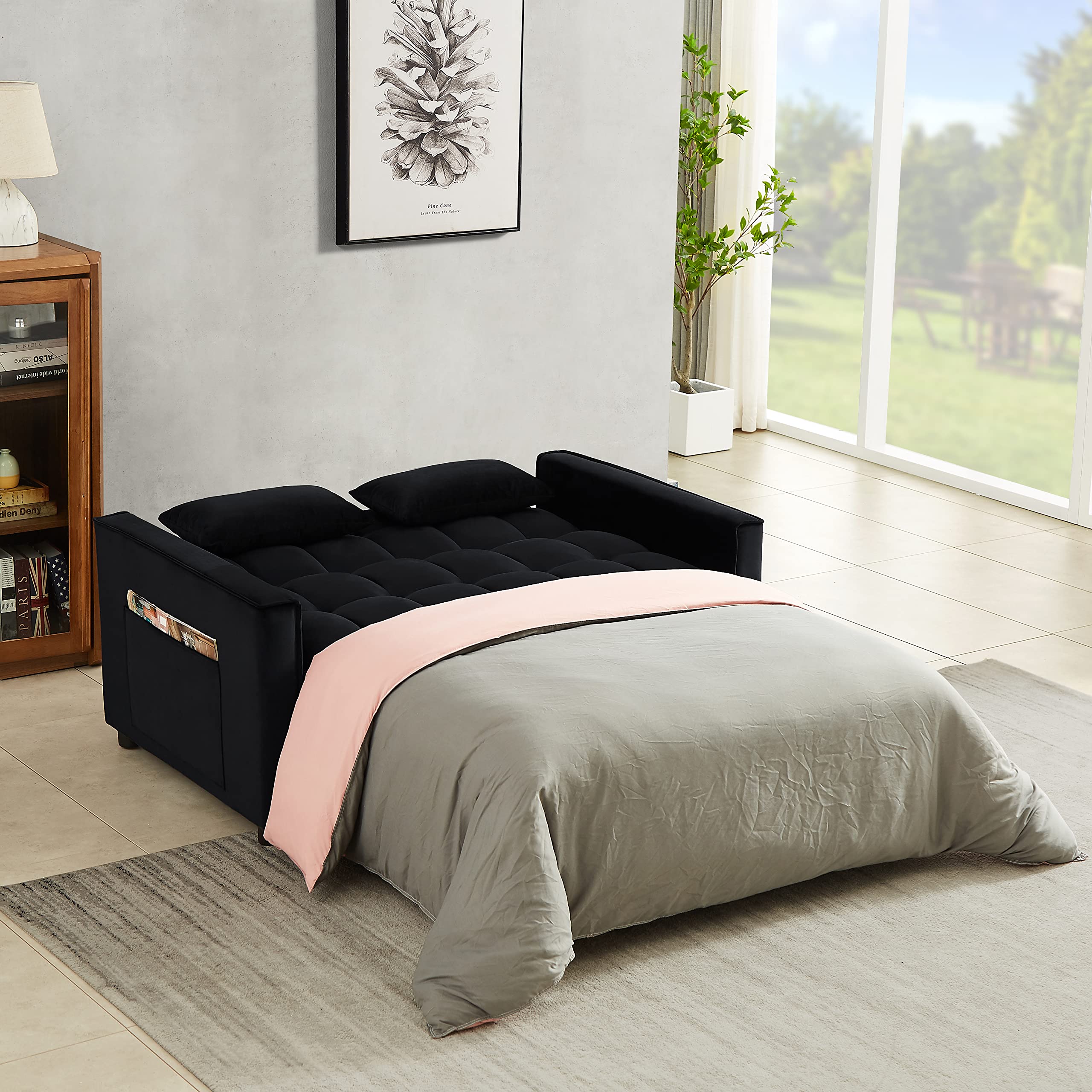 Antetek Convertible Sleeper Sofa Bed, 3 in 1 Velvet Loveseat Futon Sofa Couch with Pullout Bed, Black, 54"