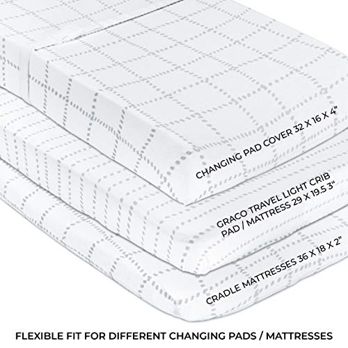 Petit Dreams Changing Pad Cover Jersey Knit Cotton for Baby Boy Or Baby Girl Doubles As Cradle Sheet, Grey Dotted Stripes & Grey Grid Lines, (Pack of 2)
