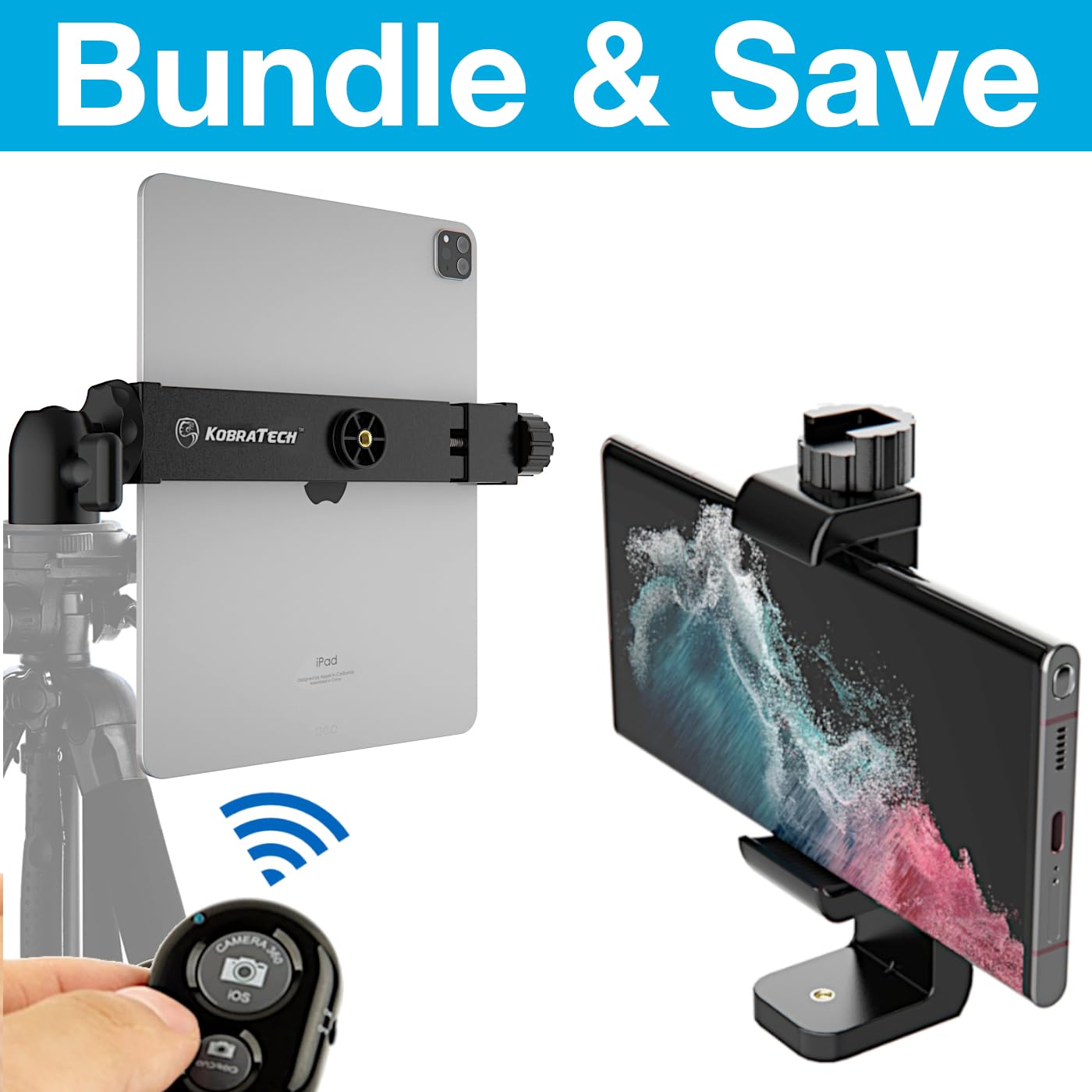 KobraTech iPad + iPhone Tripod Mount Set - iPad Tripod Mount & iPhone Tripod Mount - Includes Ball Head & Bluetooth Remote Shutters