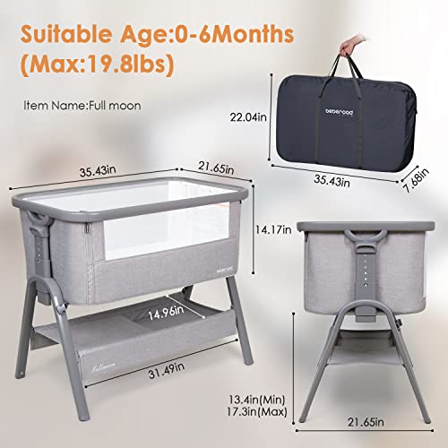 Beberoad Love Baby Bassinet Beside Sleeper for Baby Lightweight Portable 6 Heights Adjustable Beside Crib Baby Bed Cradle for Newborns Infants with Mattress Wheels Storage Basket Travel Bag Light Grey