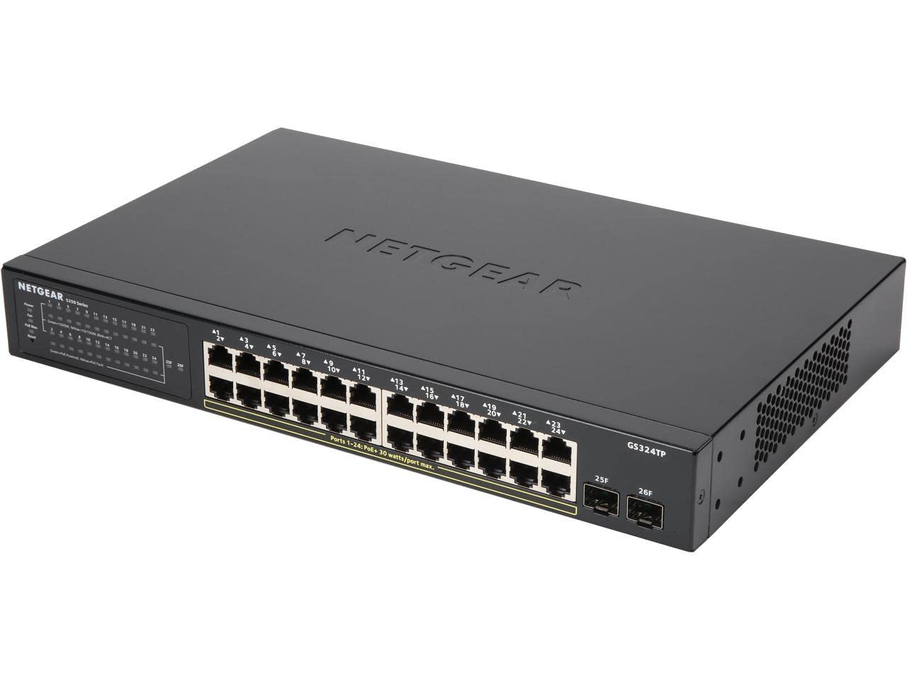 NETGEAR 26-Port PoE Gigabit Ethernet Smart Switch (GS324TP) - Managed, with 24 x PoE+ @ 190W, 2 x 1G SFP, Desktop or Rackmount, S350 series